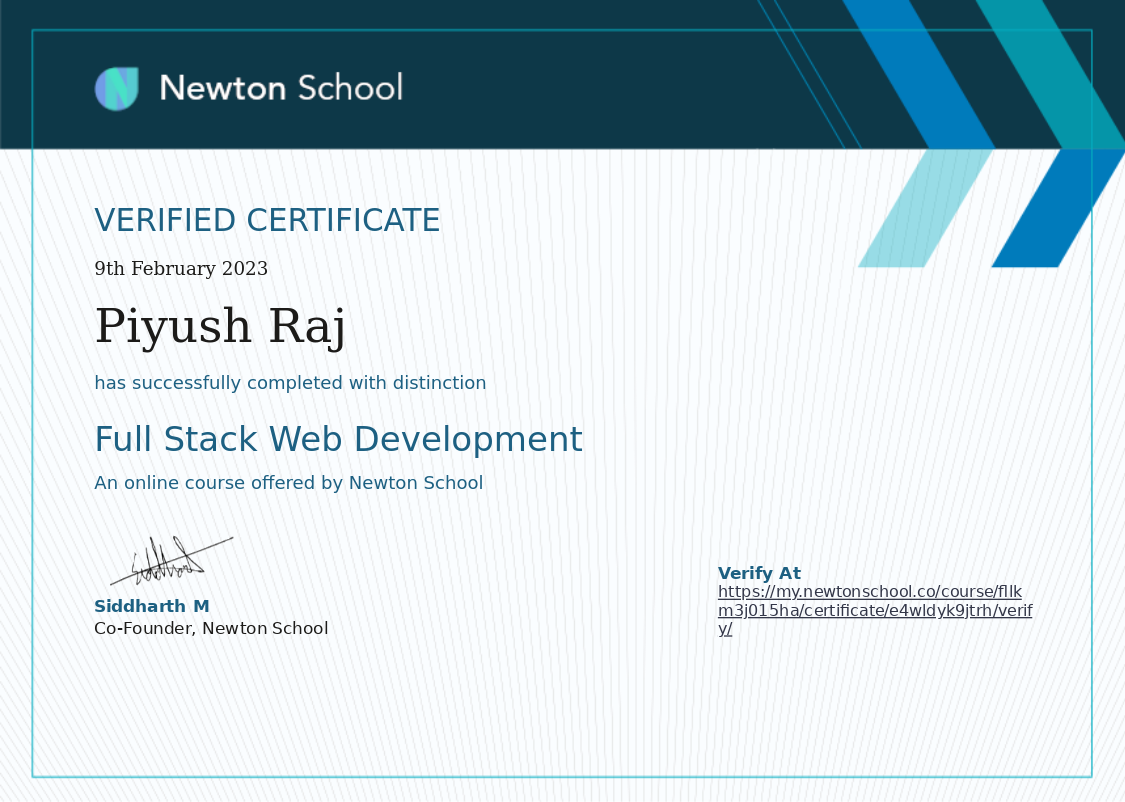 Piyush Raj got certified! | Newton School