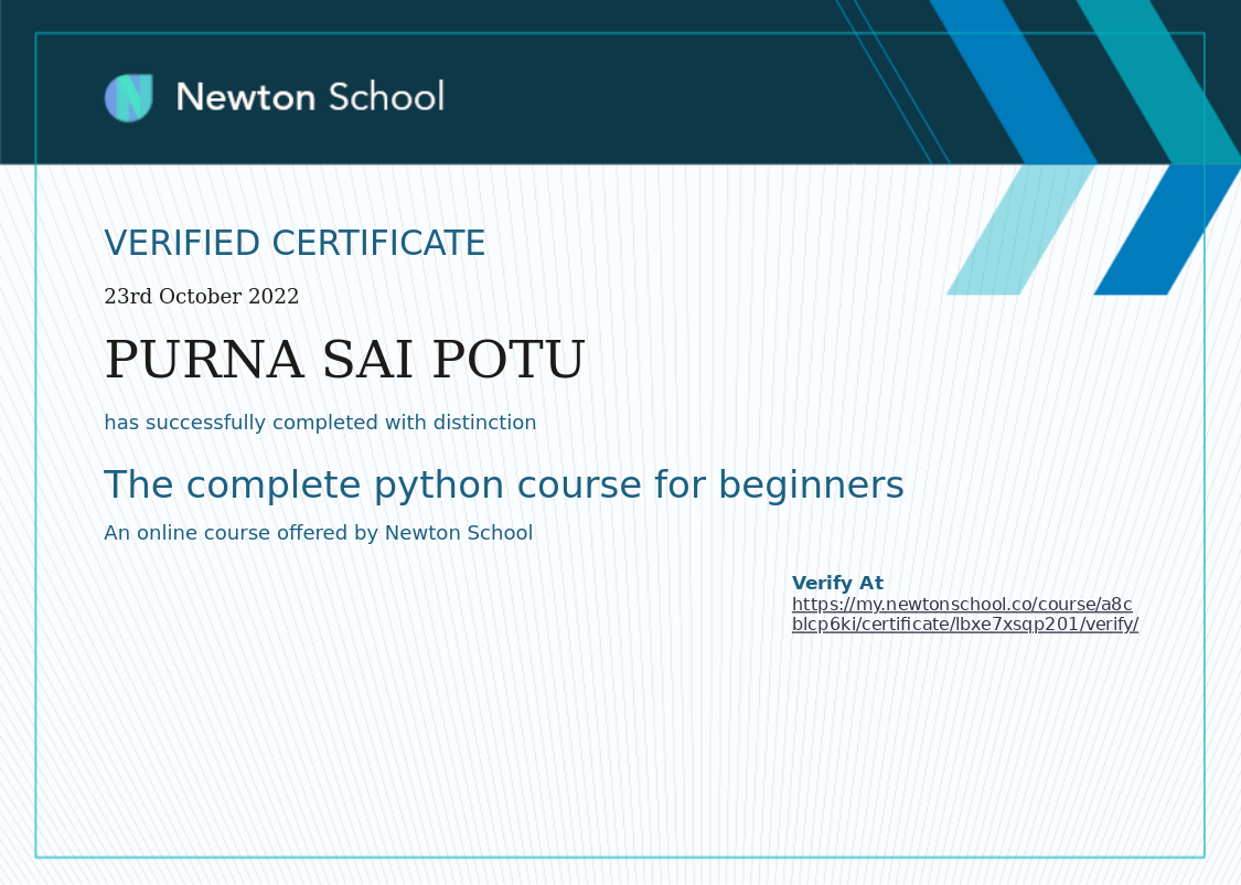 PURNA SAI POTU got certified! | Newton School