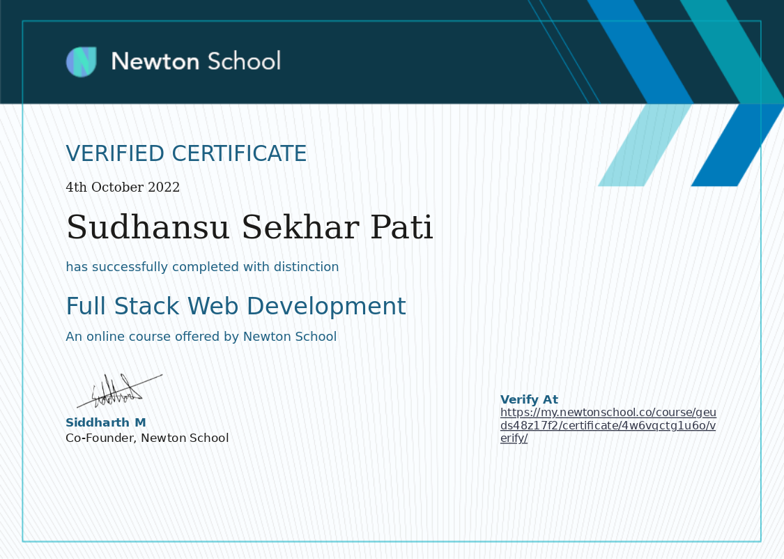 sudhansu Sekhar Pati got certified! | Newton School