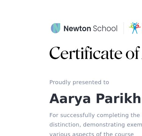 Aarya Parikh got certified! | Newton School