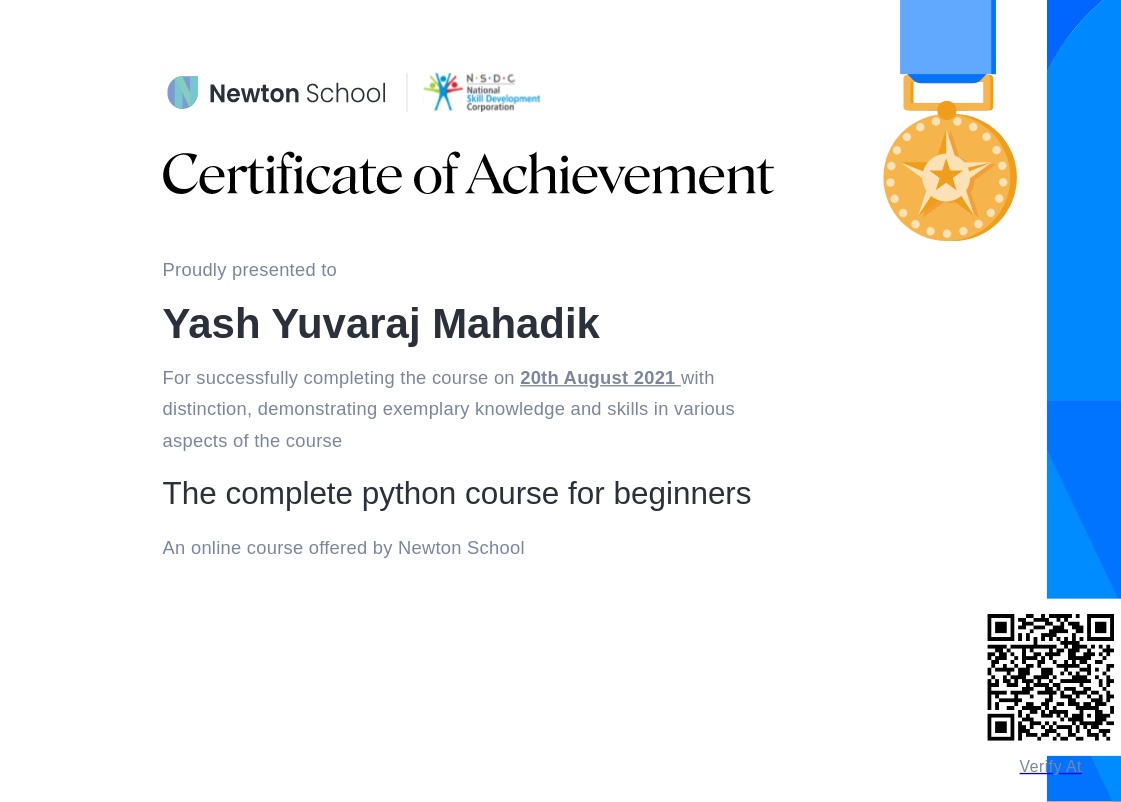 Yash Yuvaraj Mahadik got certified! | Newton School