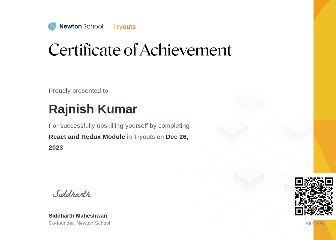 Rajnish Kumar got certified! | Newton School