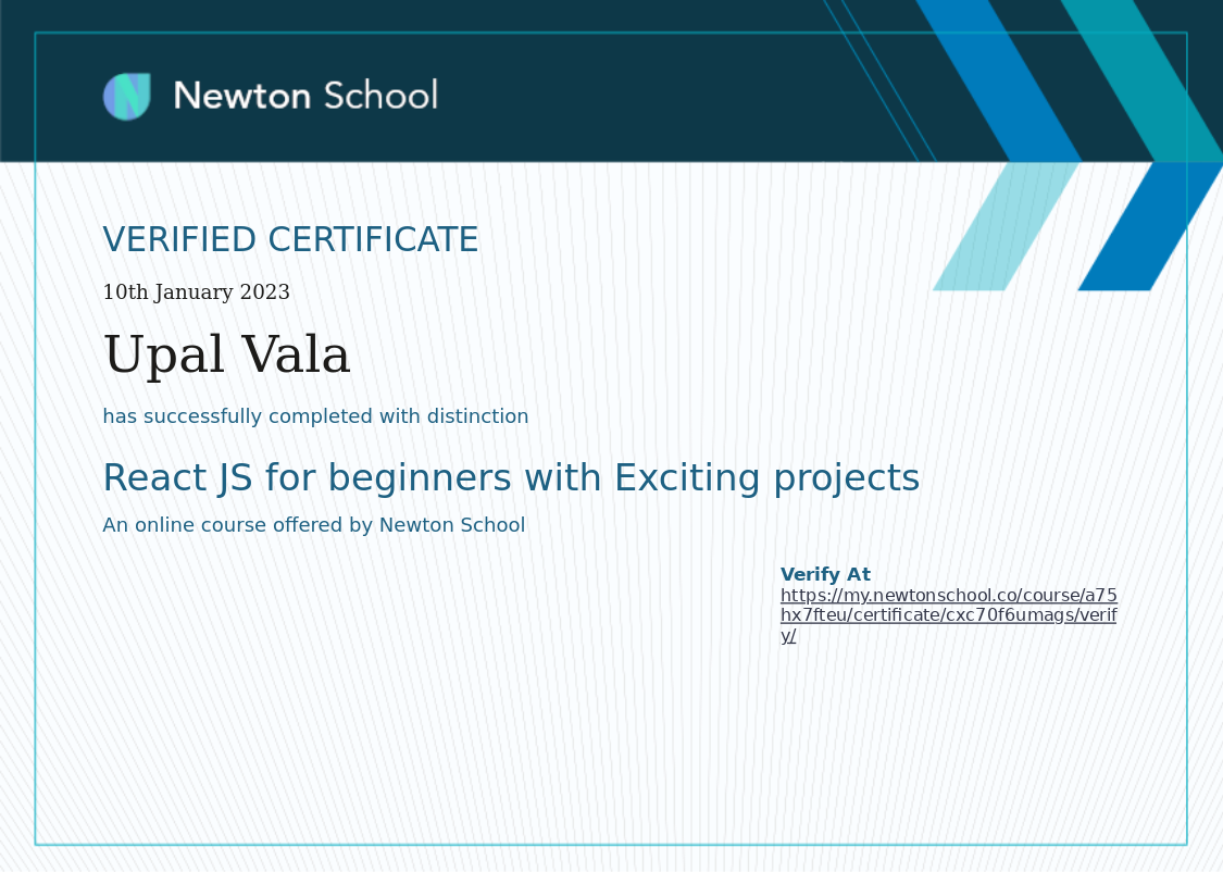 Upal Vala got certified! | Newton School
