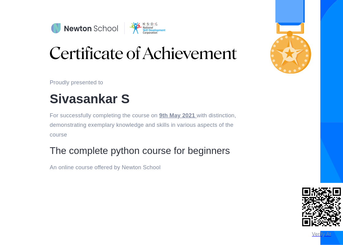 Sivasankar S got certified! | Newton School