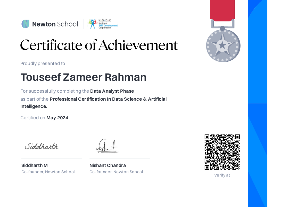Touseef Zameer Rahman got certified! | Newton School
