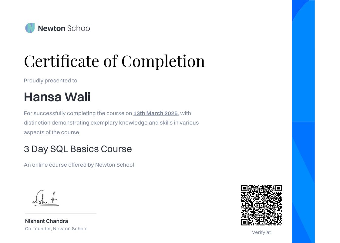 Hansa Wali got certified! | Newton School