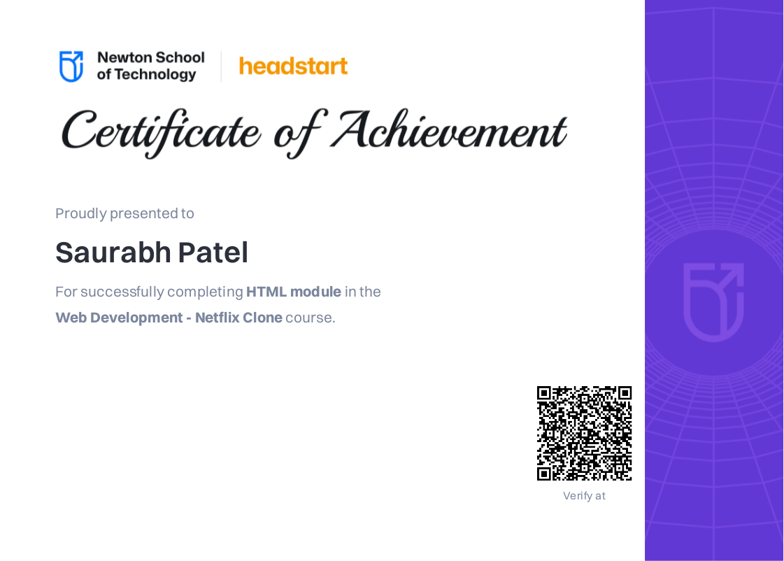 Saurabh Patel got certified! | Newton School