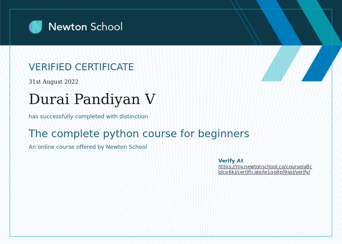 Durai Pandiyan V got certified! | Newton School