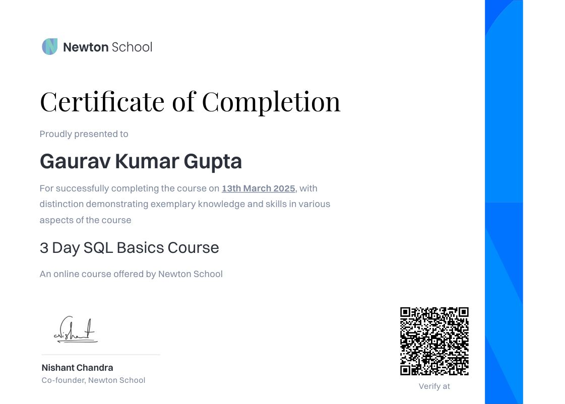 Gaurav kumar Gupta got certified! | Newton School