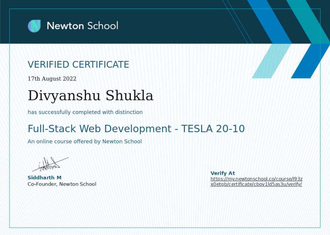 Divyanshu Shukla got certified! | Newton School