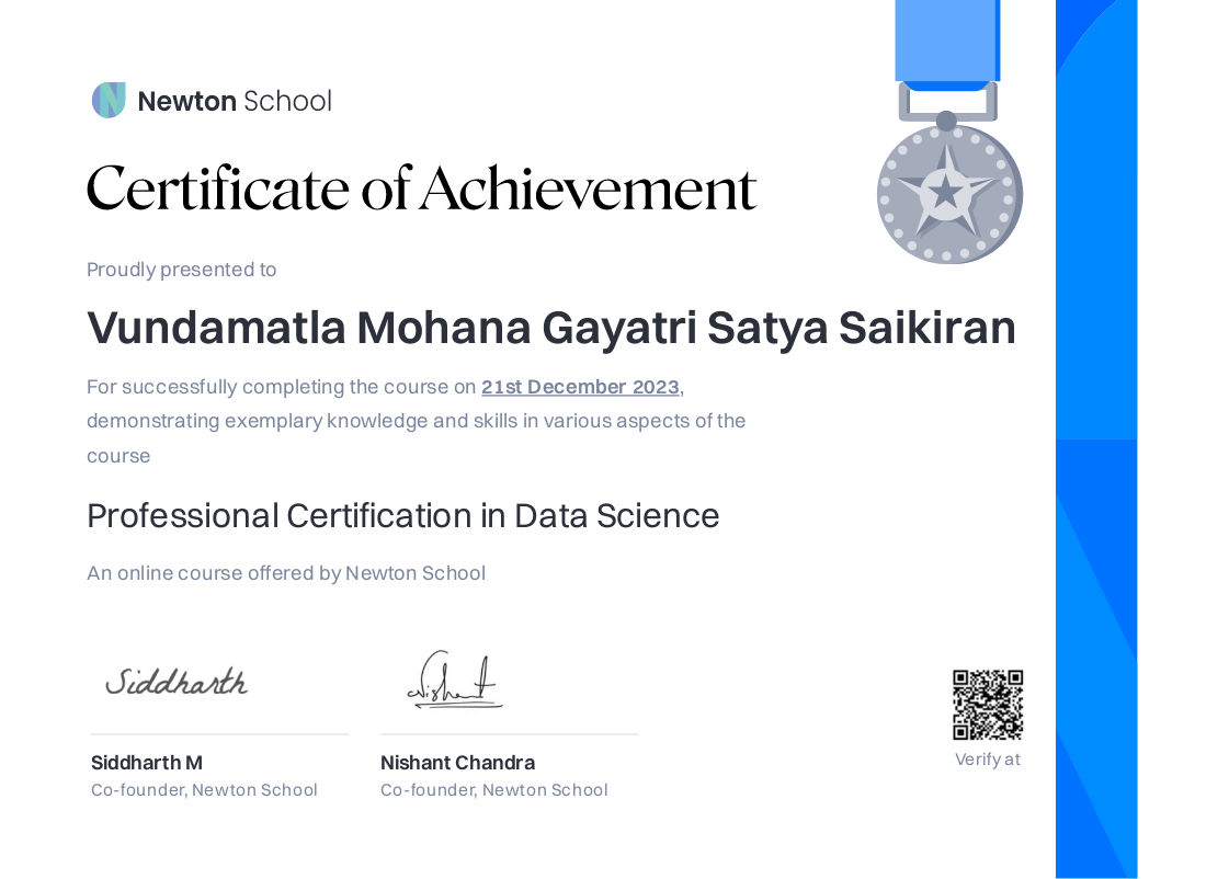 Vundamatla Mohana Gayatri Satya Saikiran got certified! | Newton School