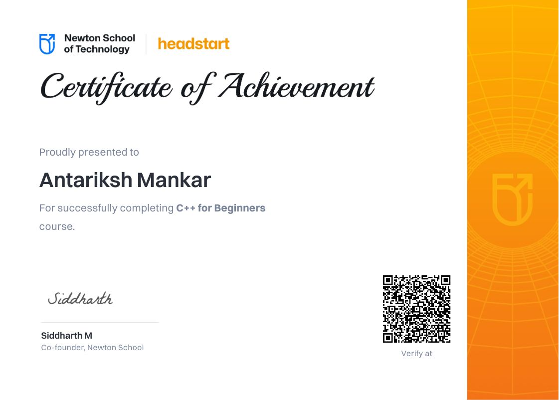 Antariksh Mankar got certified! | Newton School