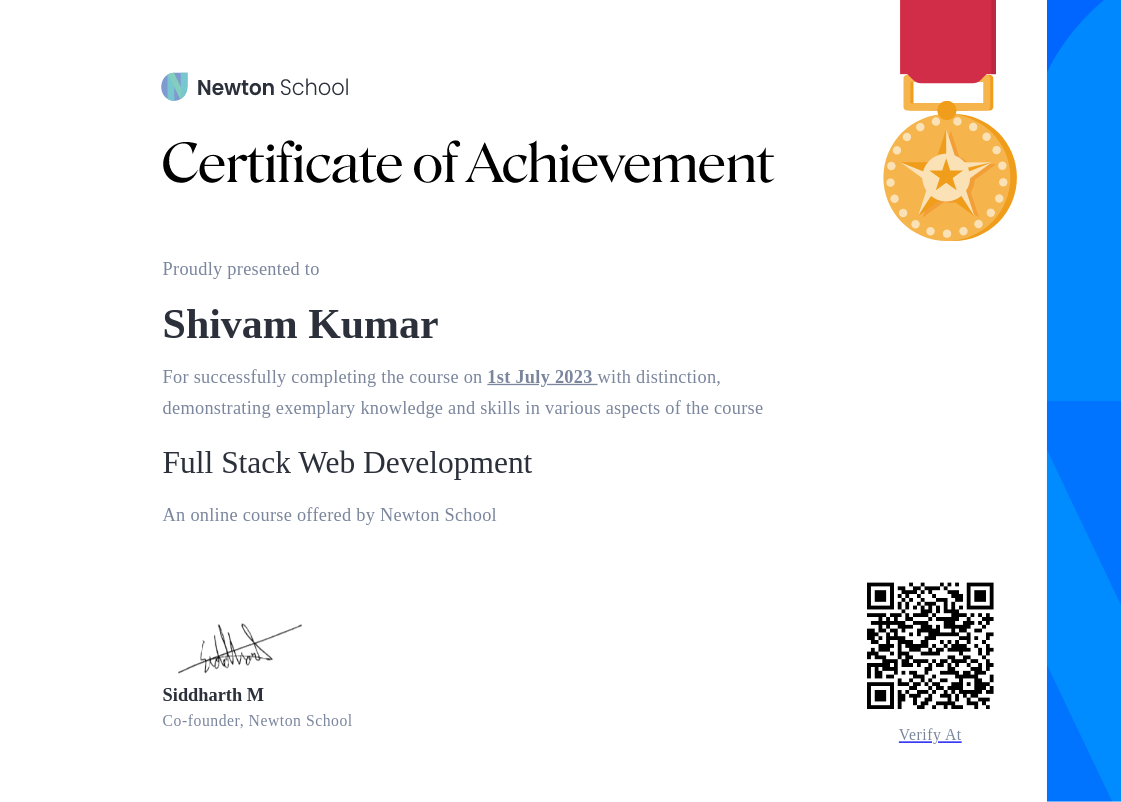Shivam Kumar got certified! | Newton School