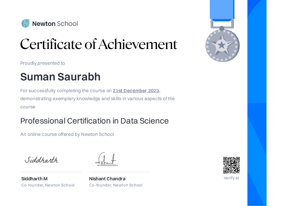 Suman Saurabh got certified! | Newton School