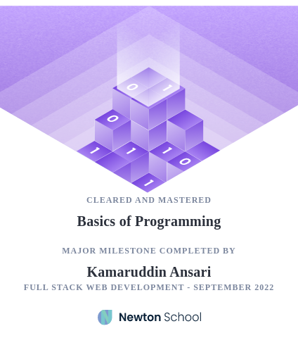 "Kamaruddin Ansari successfully cleared the Basics of Programming module | Feed | Newton School"