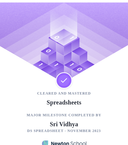 Sri Vidhya successfully cleared the Spreadsheets module | Feed | Newton School